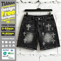 China Hot Supplier Tianan New Arrival High Waist Casual Print Rhinestone Diamond Studded Embroidery Bermuda Cargo Denim Shorts for Men for sale
