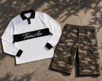 China Custom Brand Men's 2 Piece Outfit Color Block Long Sleeve Polo Shirt Camo Cargo Shorts Oversized Streetwear Casual Tracksuit Set for sale