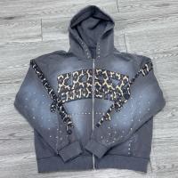 China Manufacturer Custom Acid Wash Vintage Distressed Zip up Men's Hoodie Heavyweight Rhinestone Leopard Print Long Oversized Hoodie for sale