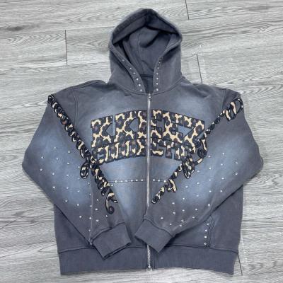 China Manufacturer Custom Acid Wash Vintage Distressed Zip up Men's Hoodie Heavyweight Rhinestone Leopard Print Long Oversized Hoodie for sale