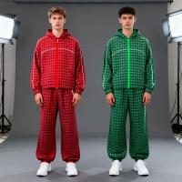 China 2026 Trending Custom Hip Hop Heavyweight Streetwear Tracksuit Plaid Reflect Autumn Casual Flannel Sweatsuit Zip up Hoodie Sets for sale