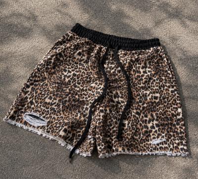 China Brand Custom Men's Summer Sports Shorts Leopard Print Drawstring Baggy Raw Edge Distressed Cotton Breathable Shorts for Men for sale