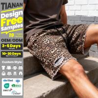 China Brand Custom Men's Summer Sports Shorts Leopard Print Drawstring Baggy Raw Edge Distressed Cotton Breathable Shorts for Men for sale