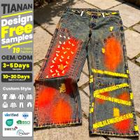 China Tianan Trendy Garment Custom Denim Jeans Tie-dye Print Stone Washed Faded Vintage Streetwear Baggy Men's Jeans for sale
