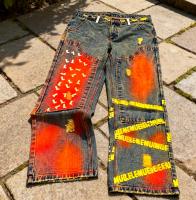 China Tianan Trendy Garment Custom Denim Jeans Tie-dye Print Stone Washed Faded Vintage Streetwear Baggy Men's Jeans for sale