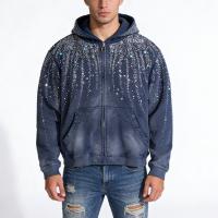 China Designer High Quality Zipper up Oversized Acid Wash Vintage Men Sweatshirt Custom Rhinestone Pearl Crystal Diamond Brand Hoodie for sale