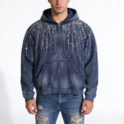 China Designer High Quality Zipper up Oversized Acid Wash Vintage Men Sweatshirt Custom Rhinestone Pearl Crystal Diamond Brand Hoodie for sale