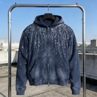 China Designer High Quality Zipper up Oversized Acid Wash Vintage Men Sweatshirt Custom Rhinestone Pearl Crystal Diamond Brand Hoodie for sale