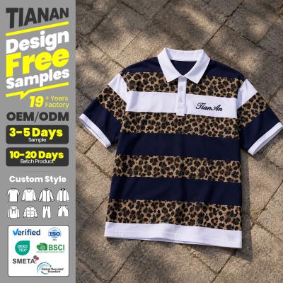 China Brand Custom Men's Leopard Print Striped Polo Shirt Custom Embroidered Logo Casual Tee Oversized Color Block Short Streetwear for sale