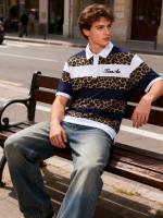 China Brand Custom Men's Leopard Print Striped Polo Shirt Custom Embroidered Logo Casual Tee Oversized Color Block Short Streetwear for sale