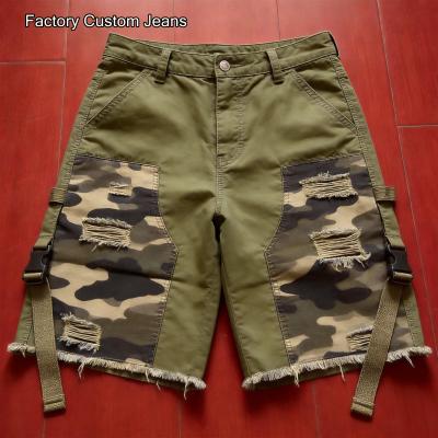 China Manufacturer Wholesale Custom Logo Distressed Streetwear Denim Camo Casual Shorts Men Vintage Washed Patch Y2K Oversized Jeans for sale