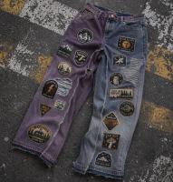 China Tianan Brand Men's Jeans Custom Loose Patch Applique Embroidery Acid Wash Distressed Two-Tone Jeans for Men Vintage Streetwear for sale