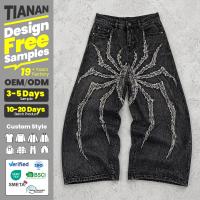 China Tianan Custom Baggy Denim Jeans Vintage Stone Wash Embroidered Applique Men's Jeans Spider Pattern logo Denim Pants for sale