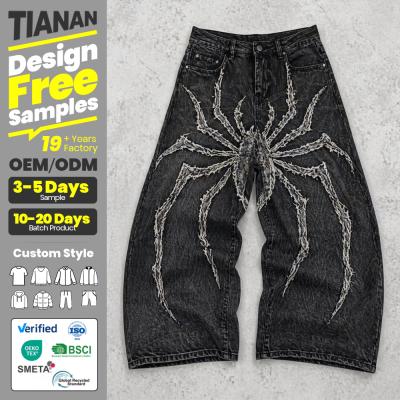 China Tianan Custom Baggy Denim Jeans Vintage Stone Wash Embroidered Applique Men's Jeans Spider Pattern logo Denim Pants for sale