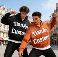 China TIANAN Apparel Custom Vintage Acid Wash Zip up Hoodie Men's High Street Oversized Distressed Rhinestone Patch Casual Sweatshirt for sale