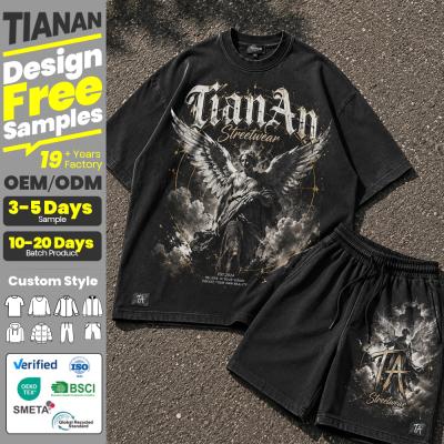 China Hot Supplier High Quality Custom Men's Shorts Sets Streetwear Print Acid Washed Vintage Oversize Sports Shorts and T-Shirt Set for sale