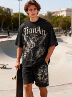 China Hot Supplier High Quality Custom Men's Shorts Sets Streetwear Print Acid Washed Vintage Oversize Sports Shorts and T-Shirt Set for sale