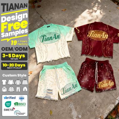 China Clothing Hot Supplier Custom Acid Wash Distressed Printed T Shirt for Men Rhinestone Vintage Hip Hop Y2K Shorts Men s Sets for sale