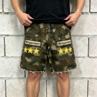 China Hot Supplier High Quality Apparel Custom Brand Men's Jeans Vintage Street Camouflage Distressed Acid Wash Patchwork Denim Shorts for sale
