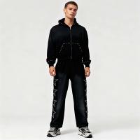 China Men’s Gradient Red Velour Tracksuit | Rhinestone Star Studded Zip-Up Hoodie & Wide Leg Pants | Vintage Streetwear Two Piece Outfit for sale