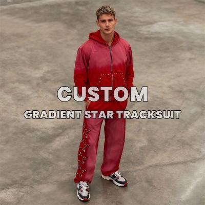 China Men’s Gradient Red Velour Tracksuit | Rhinestone Star Studded Zip-Up Hoodie & Wide Leg Pants | Vintage Streetwear Two Piece Outfit for sale