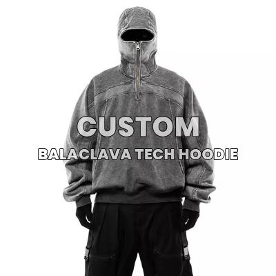 China Men’s Vintage Washed Grey Balaclava Hoodie | Half Zip Seamed Stitch Detail | Oversized Techwear Tactical Streetwear Pullover for sale