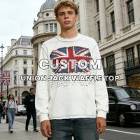 China Men’s White Waffle Knit Long Sleeve Tee | Vintage Distressed UK Union Jack Flag & Handwriting Print | Raw Edge Cuff Retro Streetwear Top for sale