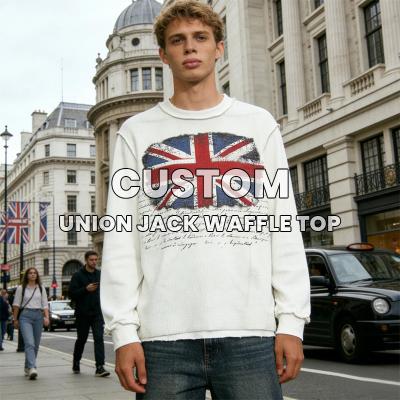 China Men’s White Waffle Knit Long Sleeve Tee | Vintage Distressed UK Union Jack Flag & Handwriting Print | Raw Edge Cuff Retro Streetwear Top for sale