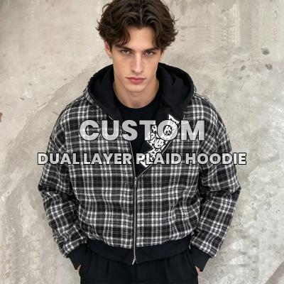 China Mingarment Reversible Plaid Zip Up Hoodie | Men's Acid Wash Leopard Gothic Patchwork Oversized Streetwear Sweatshirt, OEM ODM Two Sides Wear Vintage Outerwear for sale