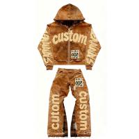 China Men’s Vintage Brown Washed Two Piece Tracksuit | Leather Patch Custom Letter & Stud Detail | Flare Plaid Raw Hem Streetwear Outfit Set for sale