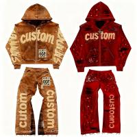 China Men’s Vintage Brown Washed Two Piece Tracksuit | Leather Patch Custom Letter & Stud Detail | Flare Plaid Raw Hem Streetwear Outfit Set for sale