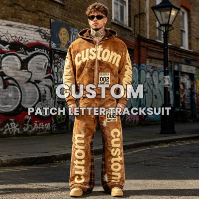China Men’s Vintage Brown Washed Two Piece Tracksuit | Leather Patch Custom Letter & Stud Detail | Flare Plaid Raw Hem Streetwear Outfit Set for sale