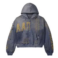 China Mingarment Vintage Distressed Tracksuit | Men's Acid Wash Splatter Print Rivet Zip Up Hoodie & Wide Leg Sweatpants 2 Piece Streetwear Set, OEM Custom Bulk Apparel for sale