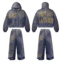 China Mingarment Vintage Distressed Tracksuit | Men's Acid Wash Splatter Print Rivet Zip Up Hoodie & Wide Leg Sweatpants 2 Piece Streetwear Set, OEM Custom Bulk Apparel for sale
