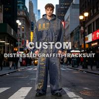 China Mingarment Vintage Distressed Tracksuit | Men's Acid Wash Splatter Print Rivet Zip Up Hoodie & Wide Leg Sweatpants 2 Piece Streetwear Set, OEM Custom Bulk Apparel for sale