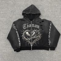 China Vintage Washed Distressed Zip Up Hoodie | Gothic Thorn Chain Heart Graphic Rhinestone Studded Hood Ripped Crop Oversized Streetwear Hooded Jacket Heavyweight Black Punk Sweatshirt for Men for sale
