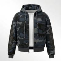 China Men Camo Zip Up Hoodie Jacket, Vintage Oversized Streetwear Sweatshirt With Paisley Embroidery On Sleeve, Heavyweight Full Zip Camouflage Hooded Coat In Army Green & Black Grey Two Color Options for sale