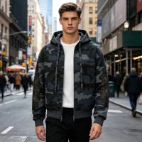 China Men Camo Zip Up Hoodie Jacket, Vintage Oversized Streetwear Sweatshirt With Paisley Embroidery On Sleeve, Heavyweight Full Zip Camouflage Hooded Coat In Army Green & Black Grey Two Color Options for sale