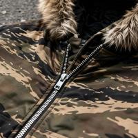 China Men Tiger Stripe Camo Bomber Jacket, Faux Fur Hooded Winter Coat, Padded Insulated Camouflage Flight Jacket Vintage Streetwear Outerwear for sale
