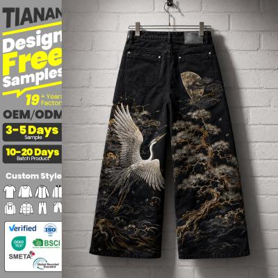 China Tianan Streetwear Custom Jeans Baggy High Quality Embroidered Vintage Straight Leg Wide Leg Fashion High Street Men's Jeans OEM for sale