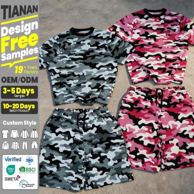 China Clothing Manufacturer Custom Short Sleeve Set Summer Breathable Full Print Camo Sport Casual Street Drop Shoulder T Shirt Set for sale