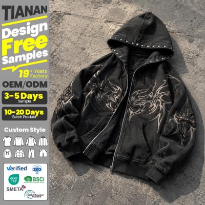 China Tianan Clothing Custom High Street Y2K Hoodies Men Vintage Acid Wash Distressed Cross Applique Embroidery Studded Hoodies Square for sale