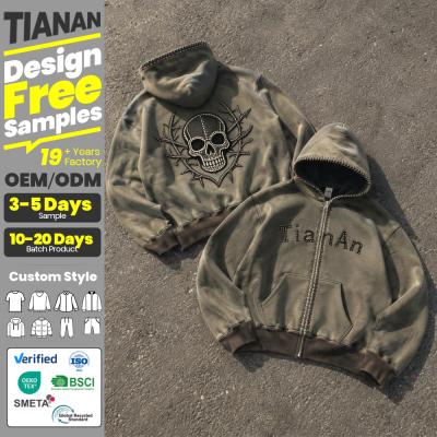 China Tianan Brand Street Men Hoodies Vintage Washed Rhinestone Skull Embroidery Letter Woven Brim Boxy Oversize Zip Hoodie for sale