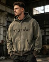 China Tianan Brand Street Men Hoodies Vintage Washed Rhinestone Skull Embroidery Letter Woven Brim Boxy Oversize Zip Hoodie for sale