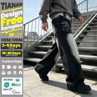 China Tianan Garment Factory Custom Men Jeans Street Baggy Wide Leg Spliced Washed Distressed Y2K Hip Hop air Holes Graffiti Jeans for sale