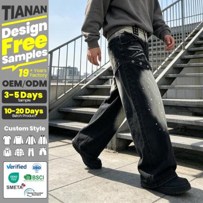 China Tianan Garment Factory Custom Men Jeans Street Baggy Wide Leg Spliced Washed Distressed Y2K Hip Hop air Holes Graffiti Jeans for sale