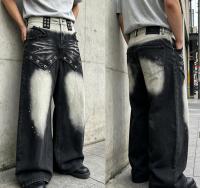 China Tianan Garment Factory Custom Men Jeans Street Baggy Wide Leg Spliced Washed Distressed Y2K Hip Hop air Holes Graffiti Jeans for sale