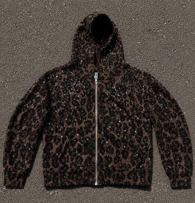 China Tianan Clothing Custom High Quality Hoodies Y2K Full Print Leopard Rhinestone Oversize 500gsm Heavyweight Zip Hoodie Cotton for sale