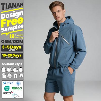 China Tianan Custom Logo Men Blue Nylon Windbreaker Shorts Quick Dry Tracksuit Multi Pocket Casual Outdoor Summer Hoodie Shorts Set for sale