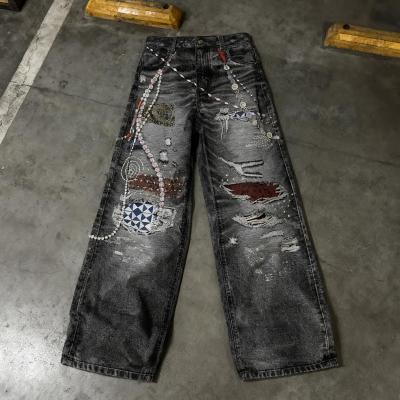 China Custom Top Quality Designer Brand Baggy Boyfriend Denim Jeans Pants Streetwear Distressed Acid Wash Plus Size Hip Hop Style for sale